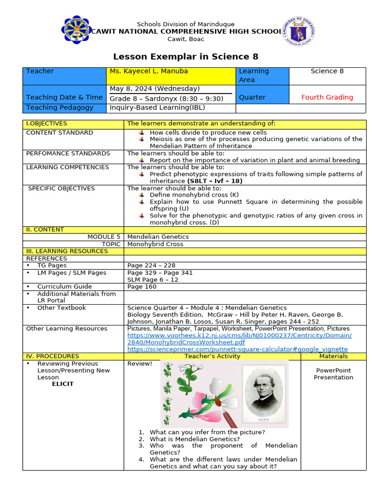 Monohybrid Cross - Daily - Lesson - Exemplar | PDF