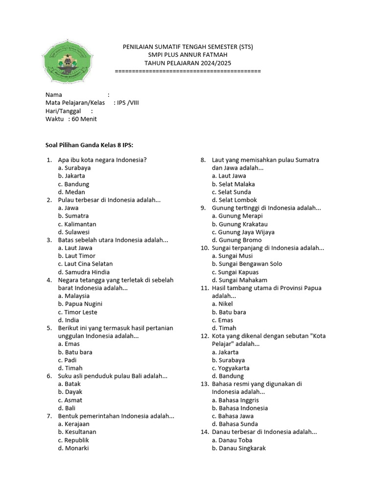 Soal Pilihan Ganda Kelas 8 IPS - 20241004 - 060124 - 0000 | PDF