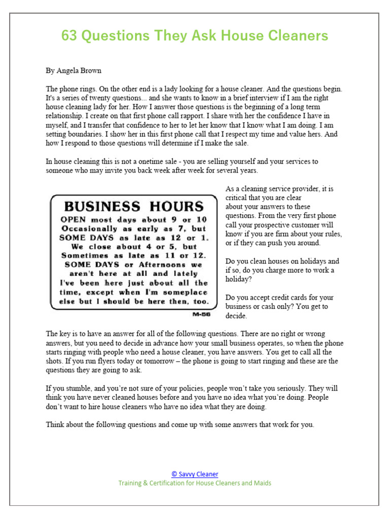 63 Questions - Savvy Cleaner As of 2021 - Angela Brown | PDF