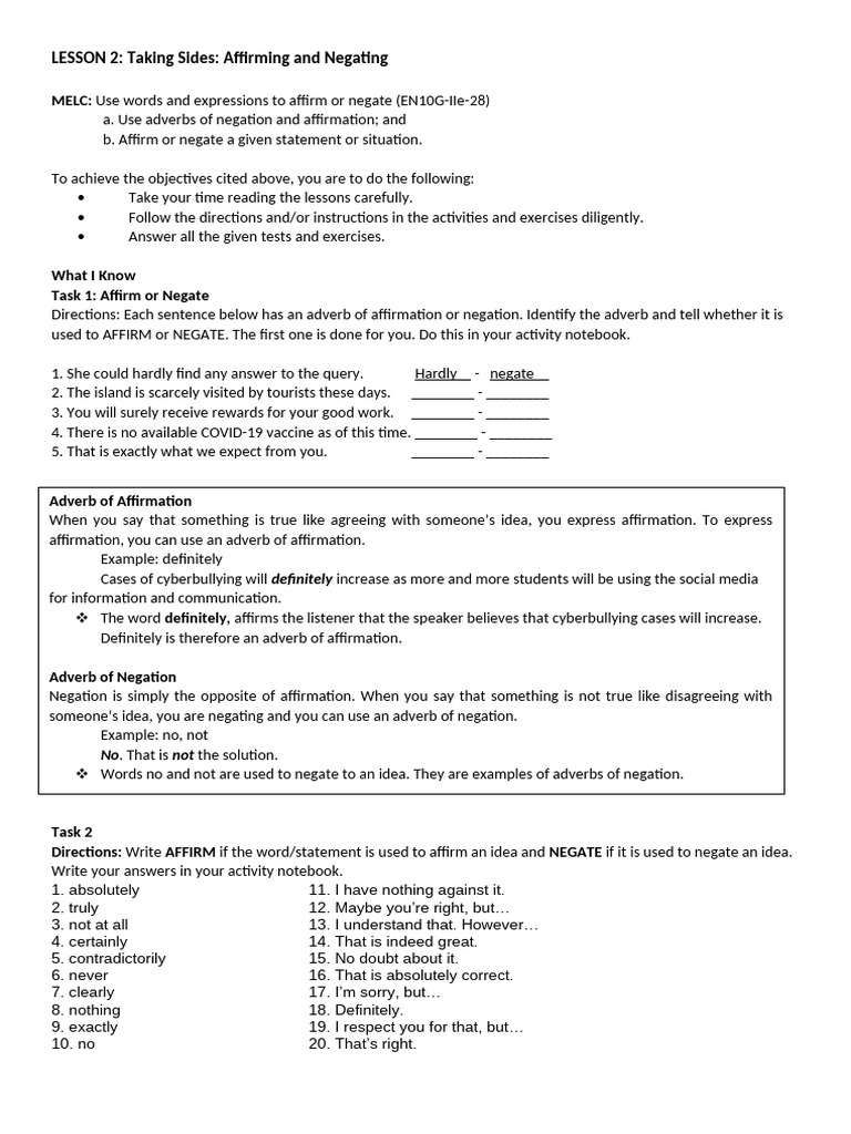 Lesson 2 - Affirmation and Negation | PDF