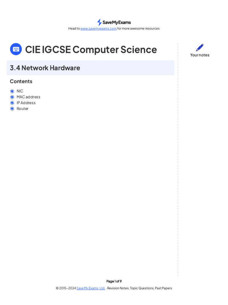 CIE iGCSE Network Hardware Revision Notes | PDF