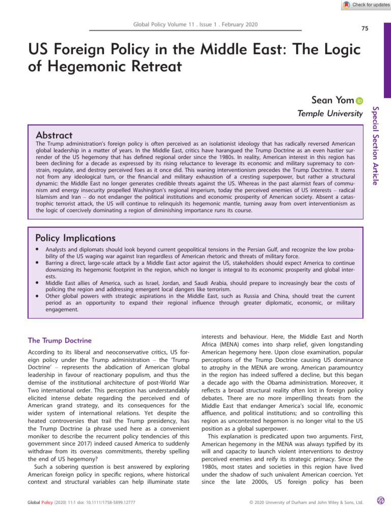 Global Policy - 2020 - Yom - US Foreign Policy in The Middle East The ...