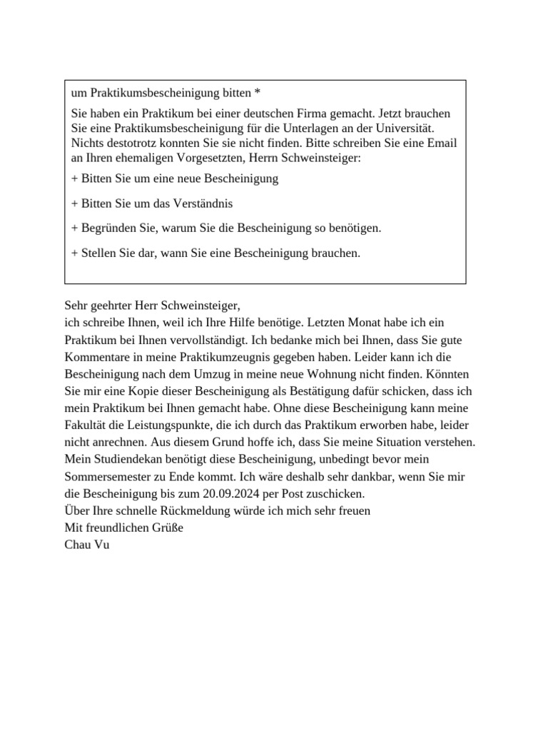 Kopie Von Praktikumsbescheinigung (Schreiben Sie Eine E-Mail Und Bitten Sie Um Eine Kopie Des ...