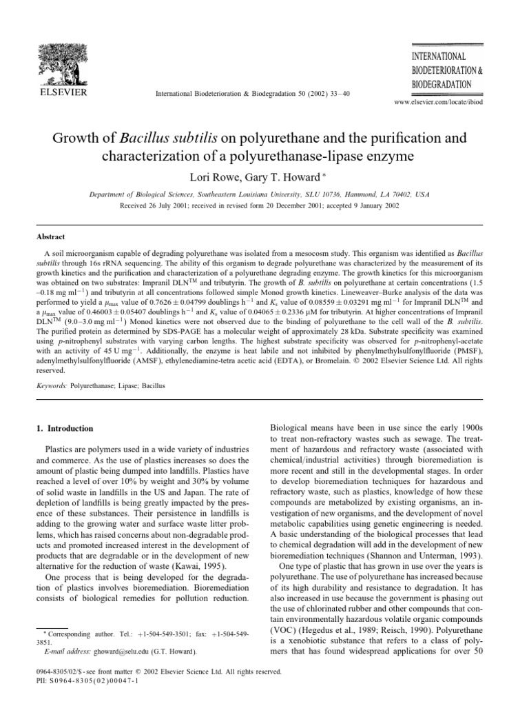Bacillus Subtilis: Growth of On Polyurethane and The Puri$cation and ...