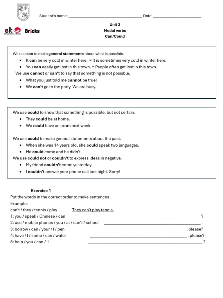 01 - Unit 3 - Modals Worksheet Can-Could | PDF | Question | Semantic Units
