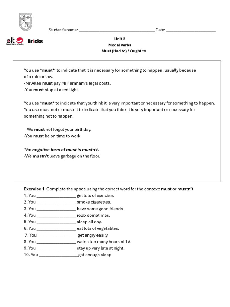 03 Unit 3 Modals Worksheet Must-Had To | PDF | Linguistics | Grammar