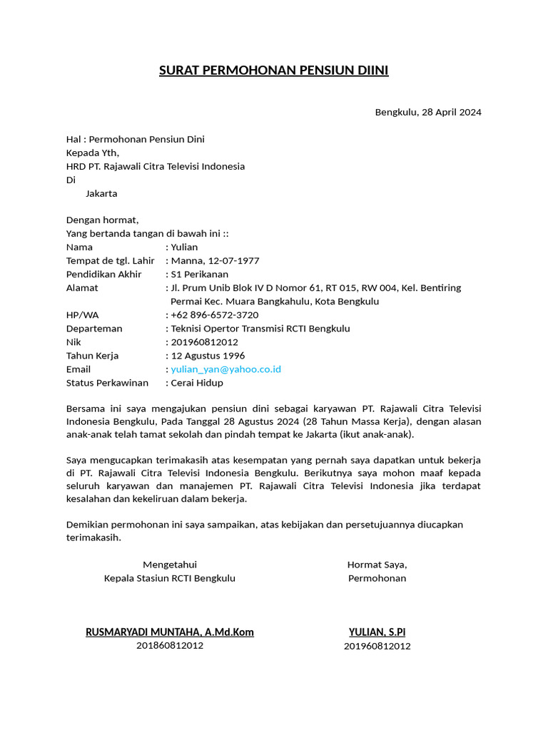 Surat Permohonan Pensiun Dini Yulian | PDF