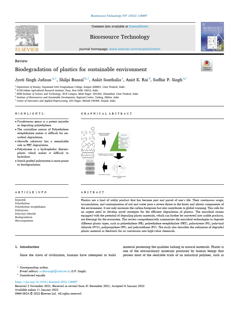 Biodegradation of Plastics For Sustainable Environment | PDF