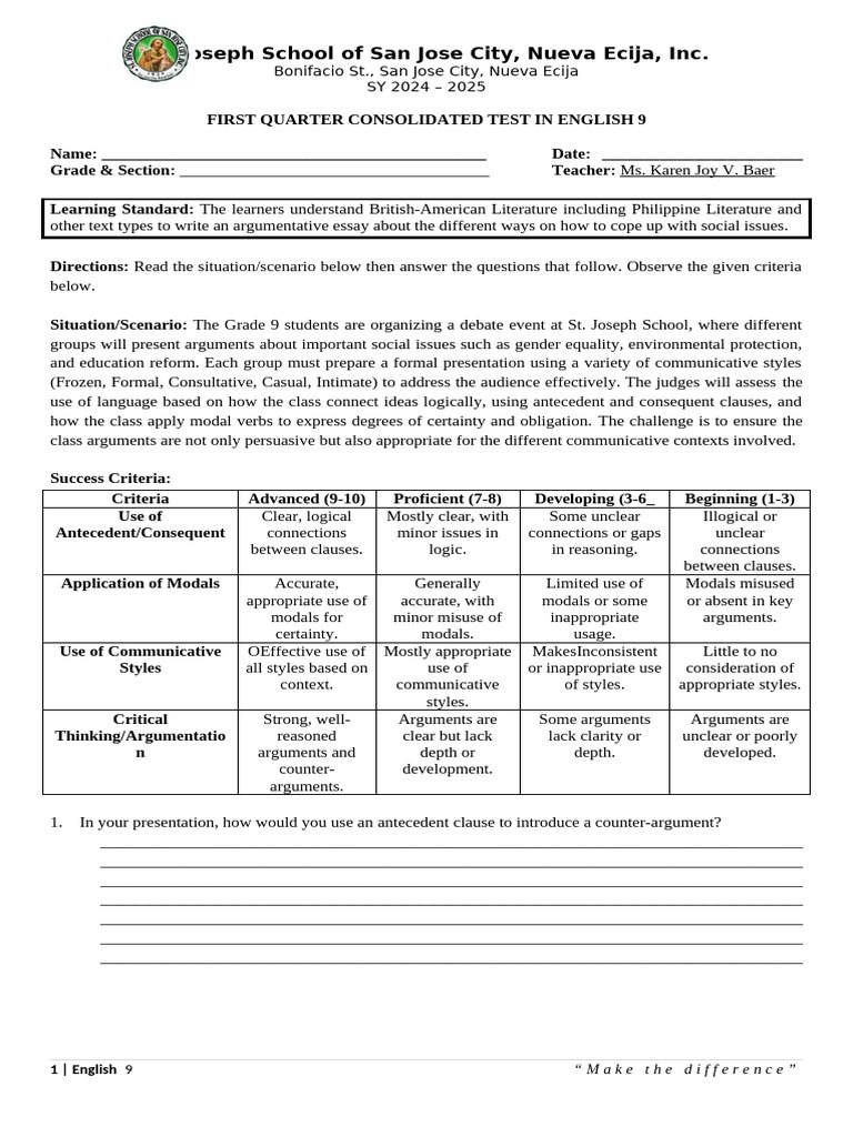 ENGLISH 9-Consolidated Test | PDF | Argument | Human Communication