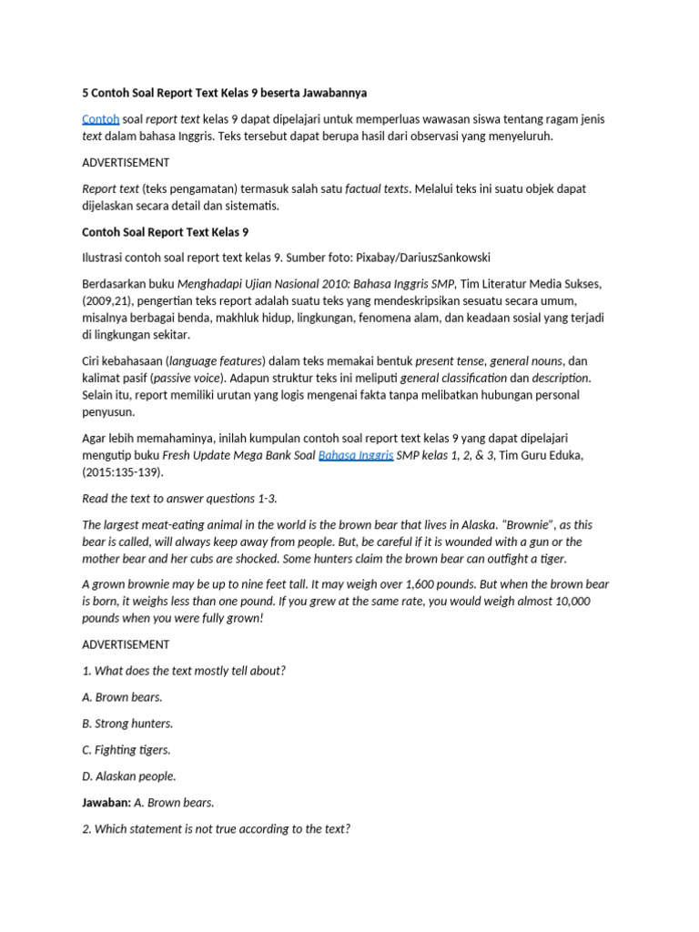 5 Contoh Soal Report Text Kelas 9 Beserta Jawabannya | PDF