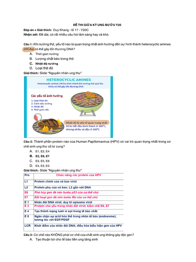 Đáp Án + Giải Thích Đề Thi Giữa Kỳ Ung Bướu y20 - duy Khang - y20c - tổ 17 | PDF
