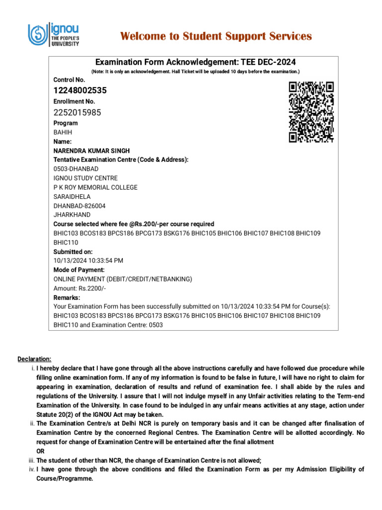 IGNOU - Examination Form Acknowledgement | PDF