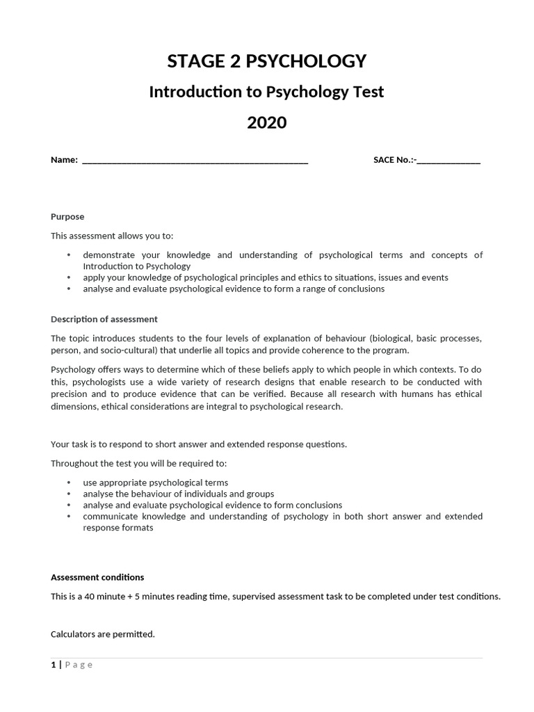 Introduction To Psychology Test 2020 | PDF