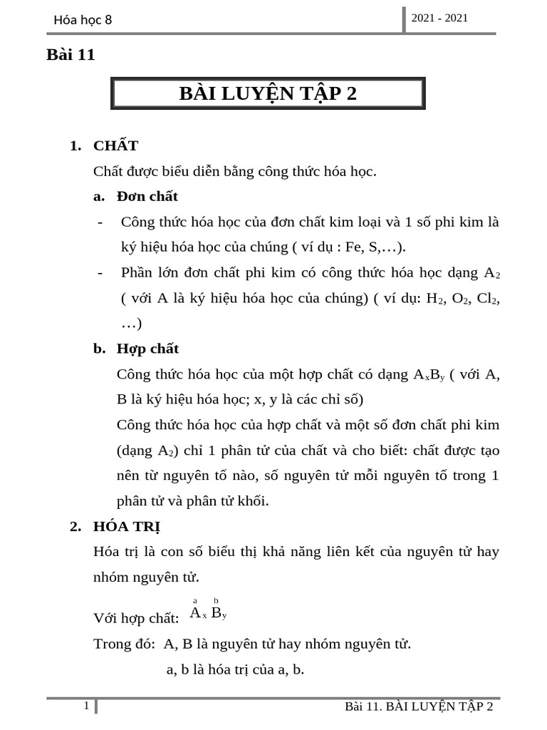 Môn Hóa - Lớp 8 - HK1 - Bài 11. BÀI LUYỆN TẬP 2 - TDN - 2021-2022 | PDF