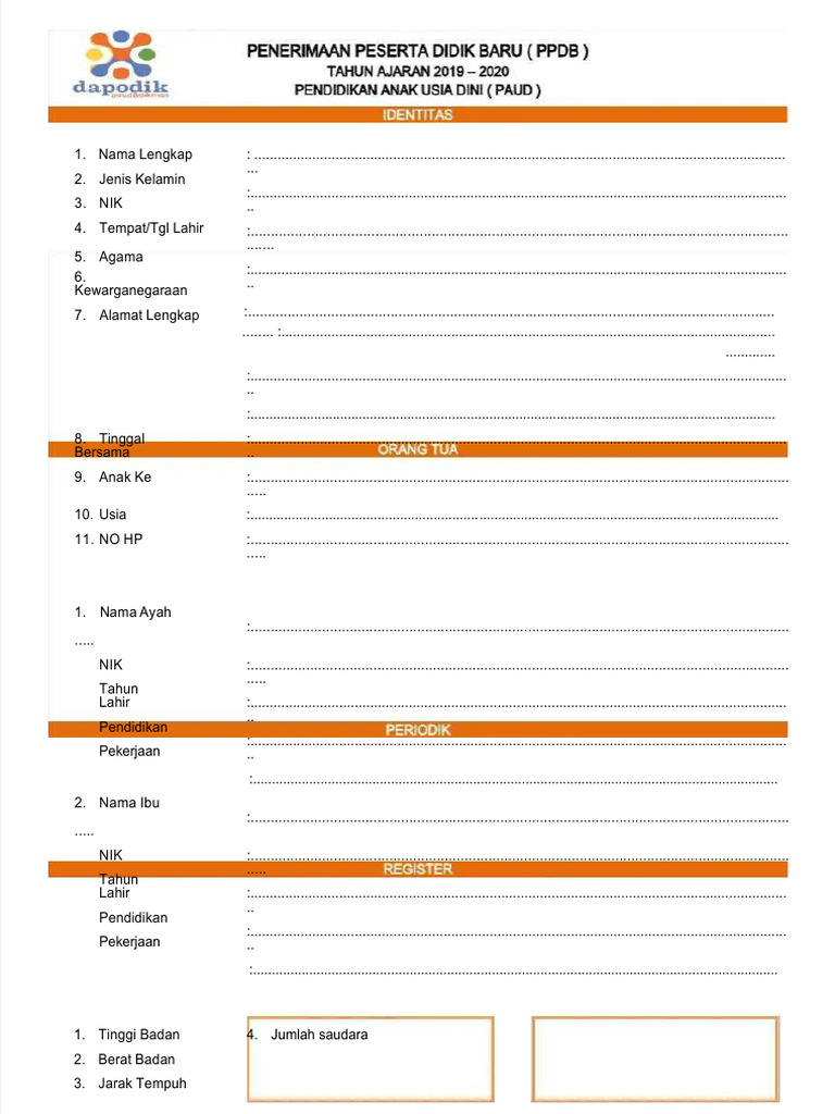 PDF Formulir Pendaftaran Siswa Paud TK KB Tpa Doc Tahun Ajaran 2019 2020 WWW Dapodikco Id ...