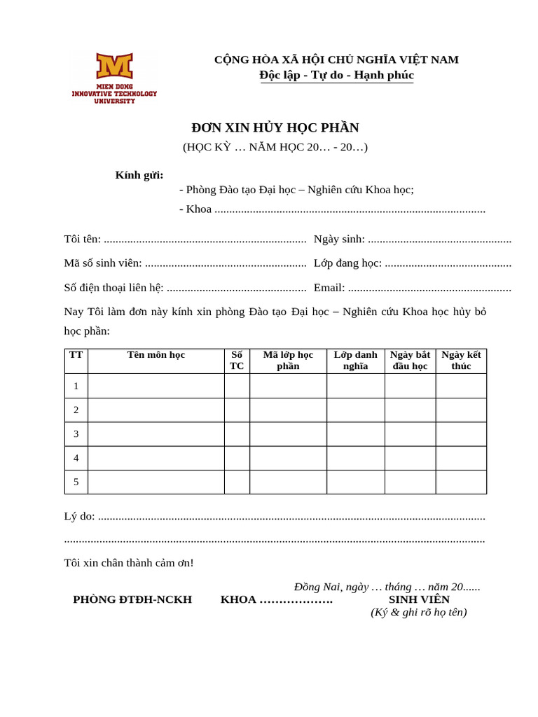 MIT Don Xin Huy Mon Hoc Phan 2 | PDF