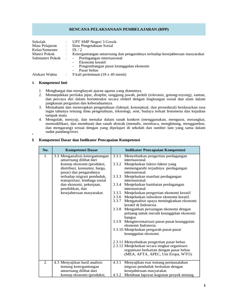 RPP Ips 9 Genap Bab 3 | PDF
