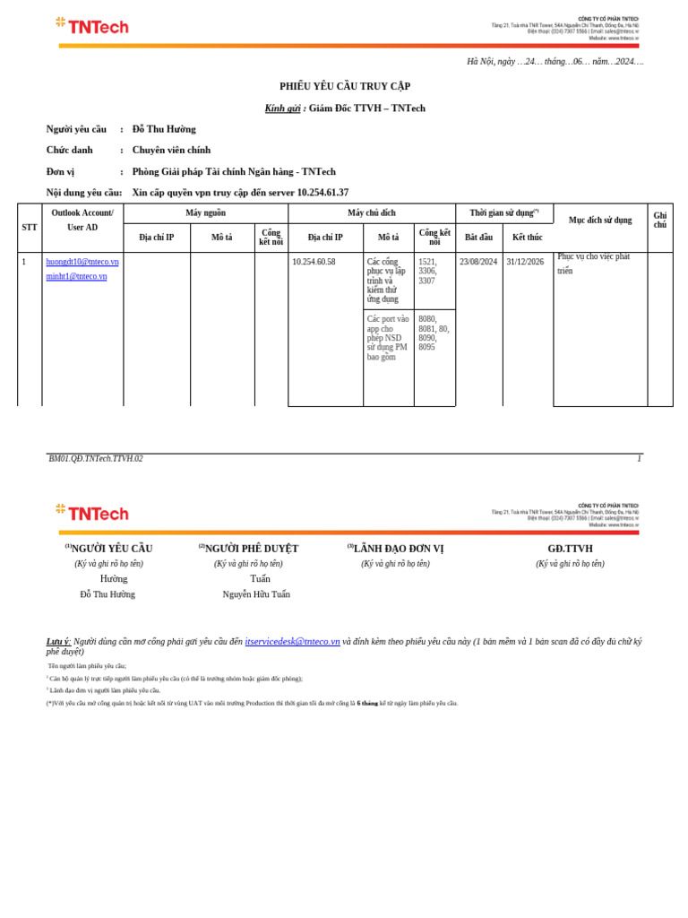 BM01.QĐ.tntech.ttvh.02. Phieu Yeu Cau Truy Cập (1) 1 | PDF