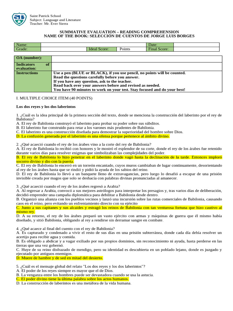 SUMMATIVE EVALUATION READING JORGE LUIS BORGES SOLUCIONARIO | PDF