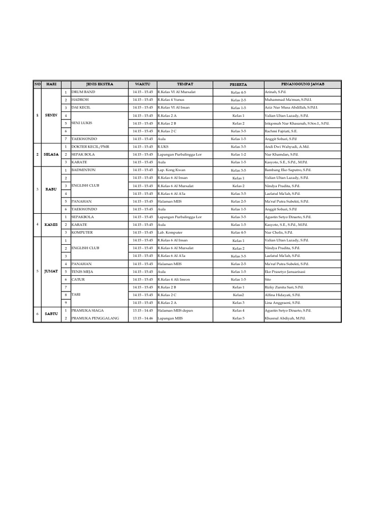 Jadwal Ekstrakurikuler 2024 - 2025 | PDF