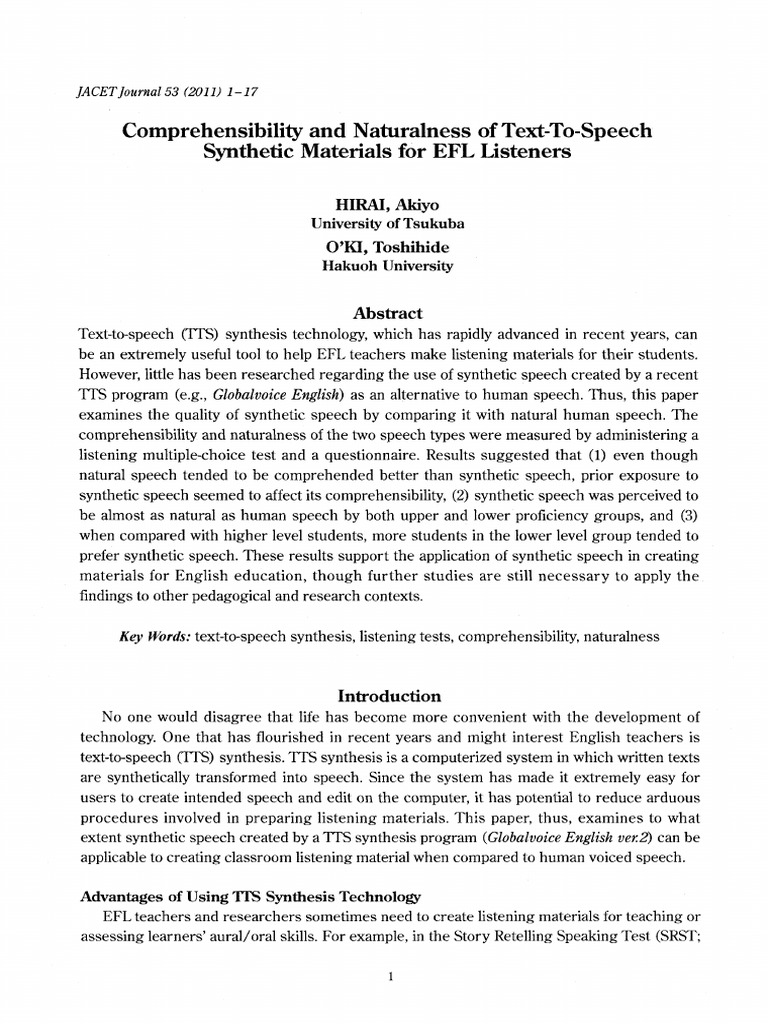 Comprehensibility and Naturalness of Text-To-Speech | PDF