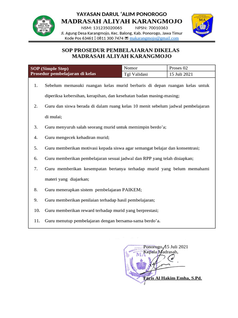 2.3 Sop Prosedur Pembelajaran Dikelas | PDF