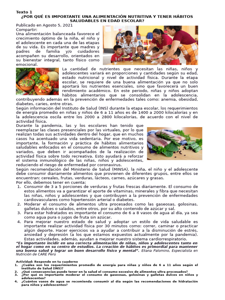 Alimentacion Saludable Lecturas 4° Ult | PDF