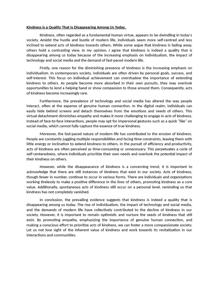 B2 Upper Intermediate Kindness Is A Quality That Is Disappearing Among ...