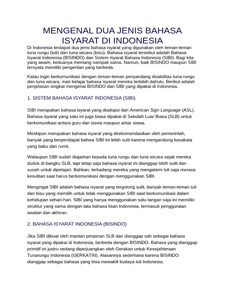 Mengenal Dua Jenis Bahasa Isyarat Di Indonesia | PDF