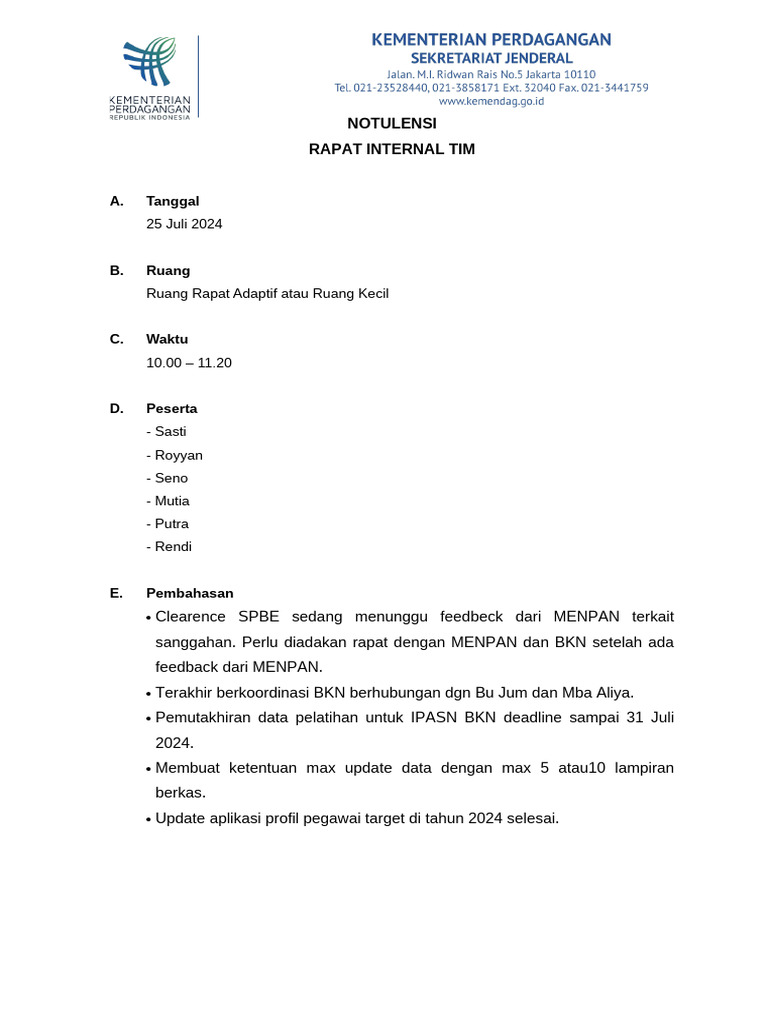 25 Juli 2024 - Notulensi Rapat Internal Tim - Revlap | PDF