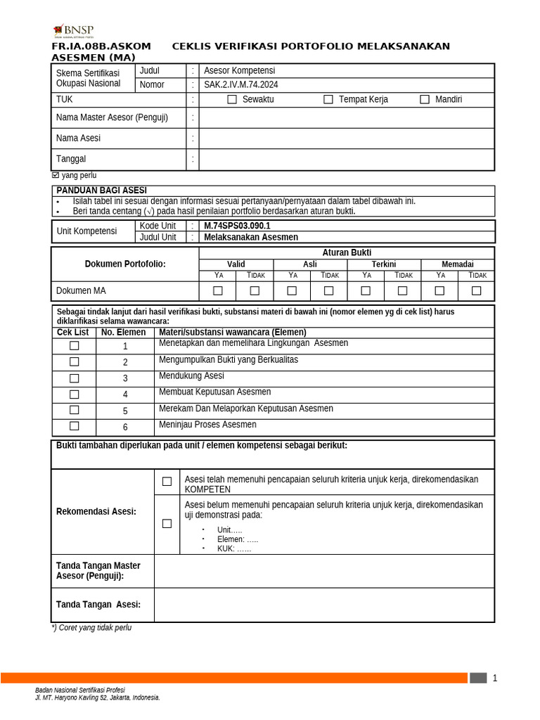 07 - FR - Ia.08a.askom Ceklis Verifikasi Portofolio Melaksanakan ...