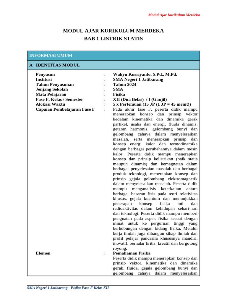 Modul Ajar BAB 1 Listrik Statis | PDF