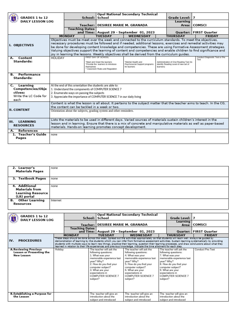 DLL COMSCI 7 Week 1 July 30 - 31 2024 Matatag Logo | PDF