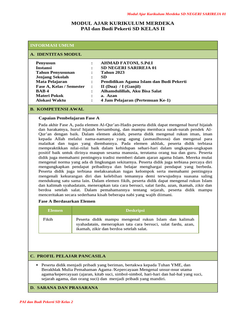 Modul Ajar PAI SD: Azan dan Salat | PDF