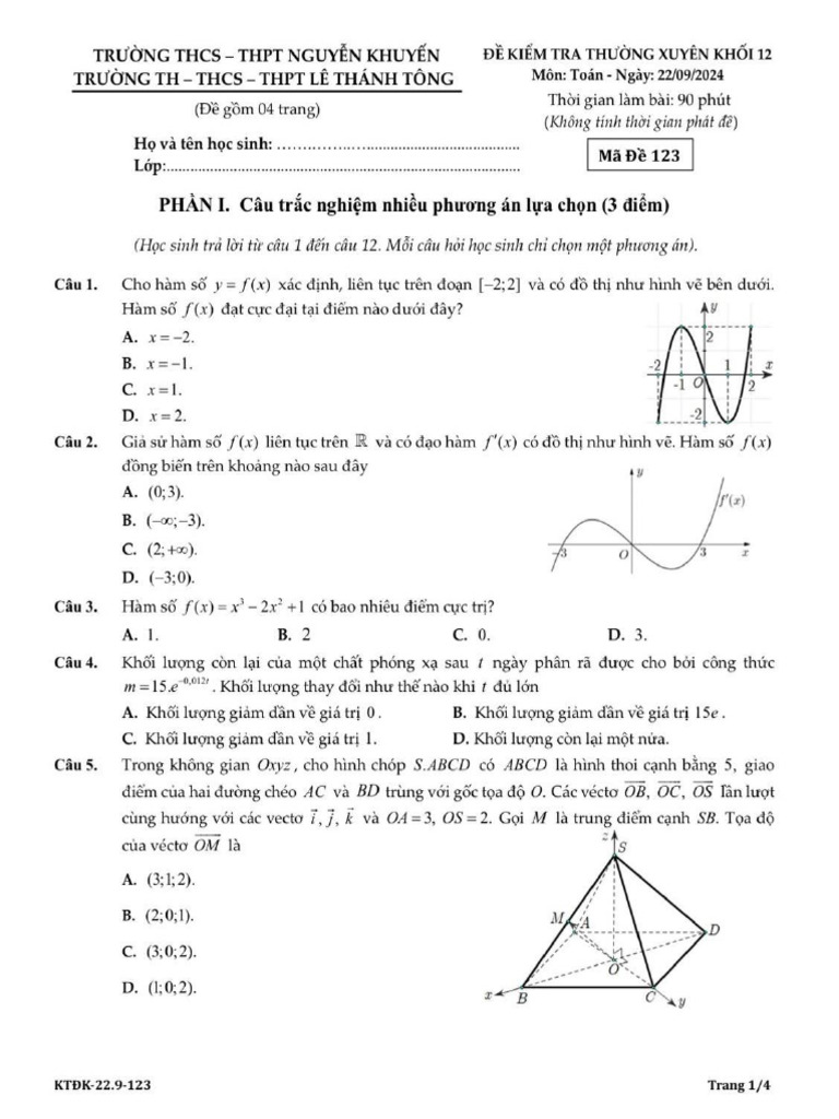 De Kiem Tra Toan 12 Nam 2024 2025 Truong Nguyen Khuyen Le Thanh Tong Tp Hcm 22-09-2024 | PDF