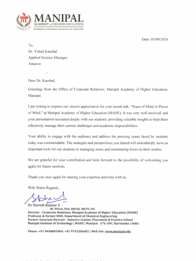 Letter of Appreciation - DR Vishal Kaushal | PDF
