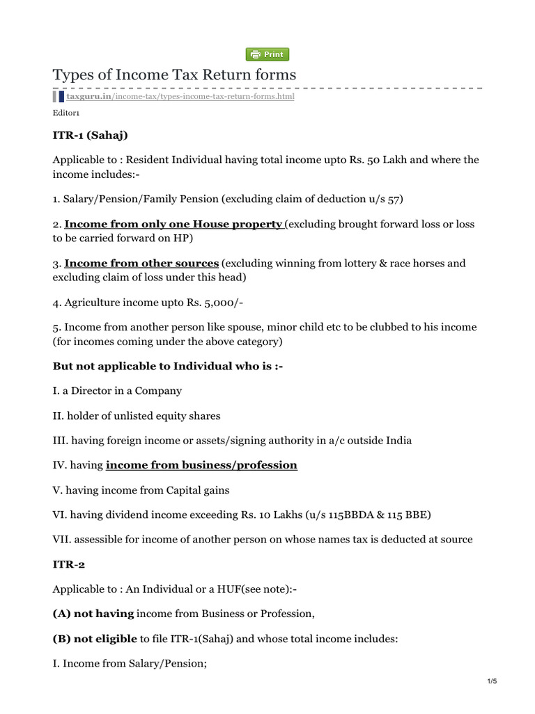 Taxguru - In-Types of Income Tax Return Forms | PDF