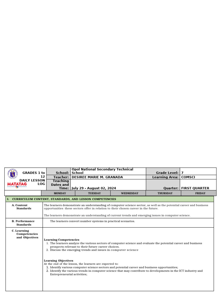 Q1 - LE - CS 7 - Lesson 1 - Week 1 | PDF