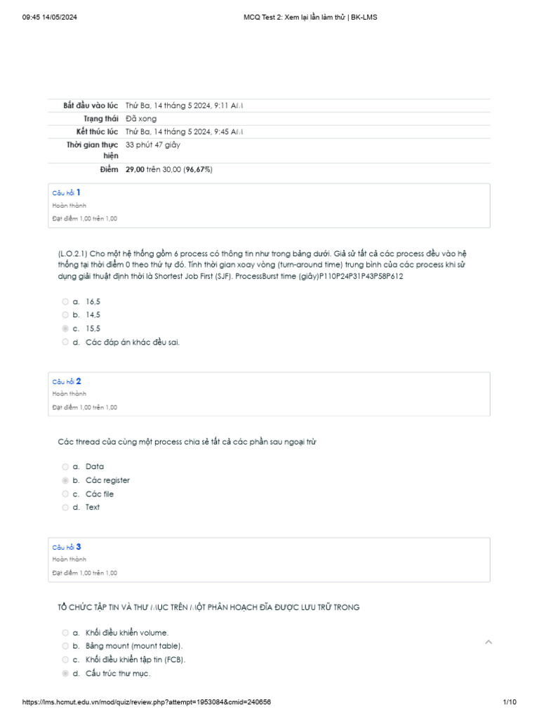 MCQ Test 2 - Xem lại lần làm thử - BK-LMS | PDF