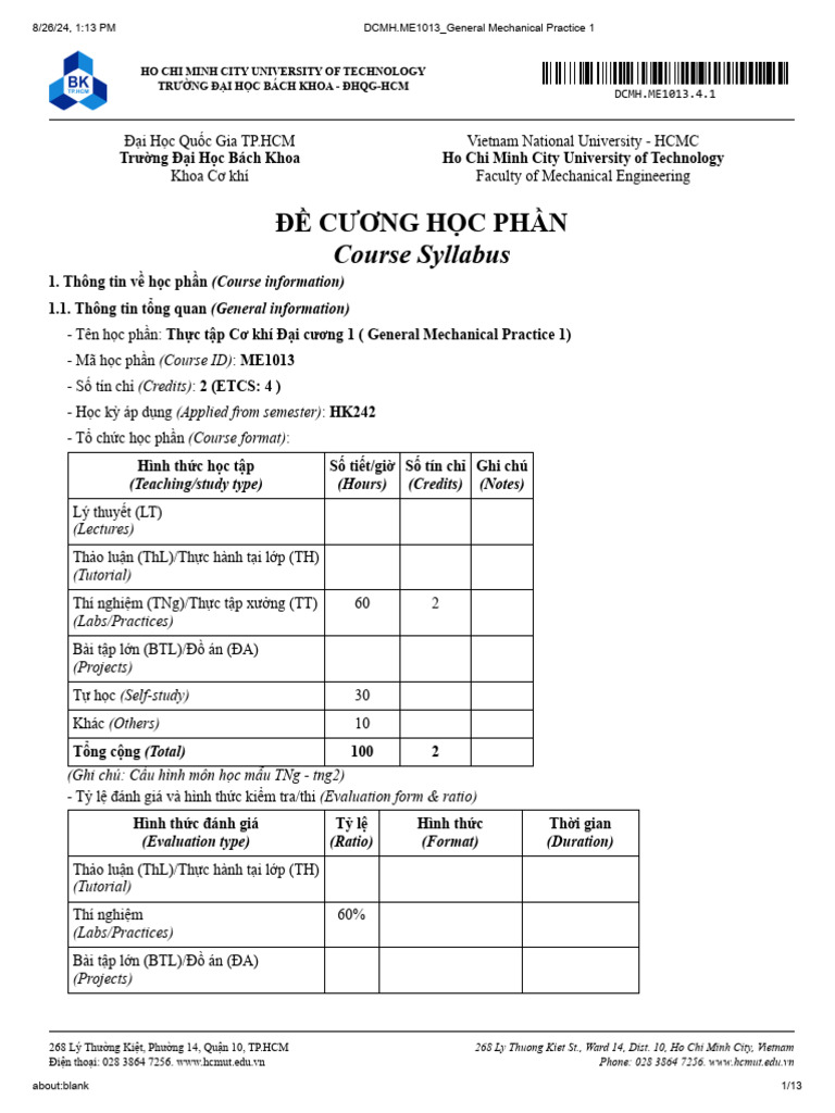 DCMH - ME1013 - General Mechanical Practice 1 | PDF