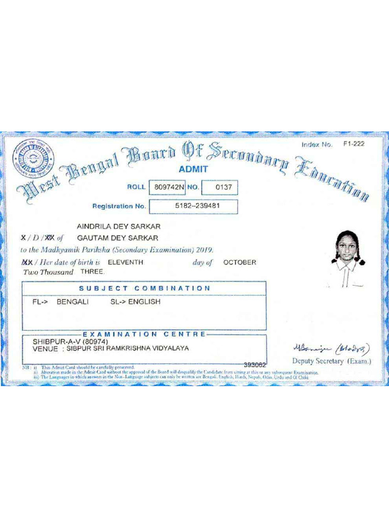 Madhyamik Admit Card | PDF