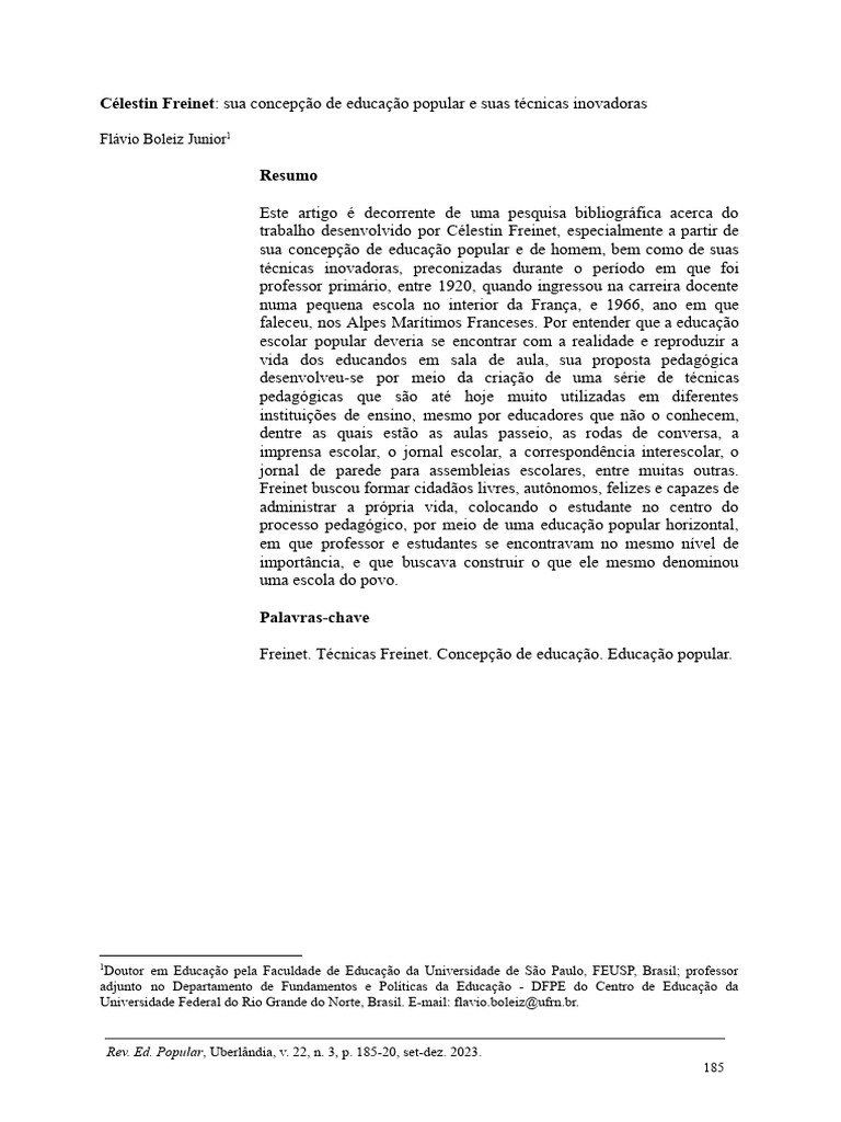 Celestin Freinet Sua Conecpcao de Educacao Popular | PDF