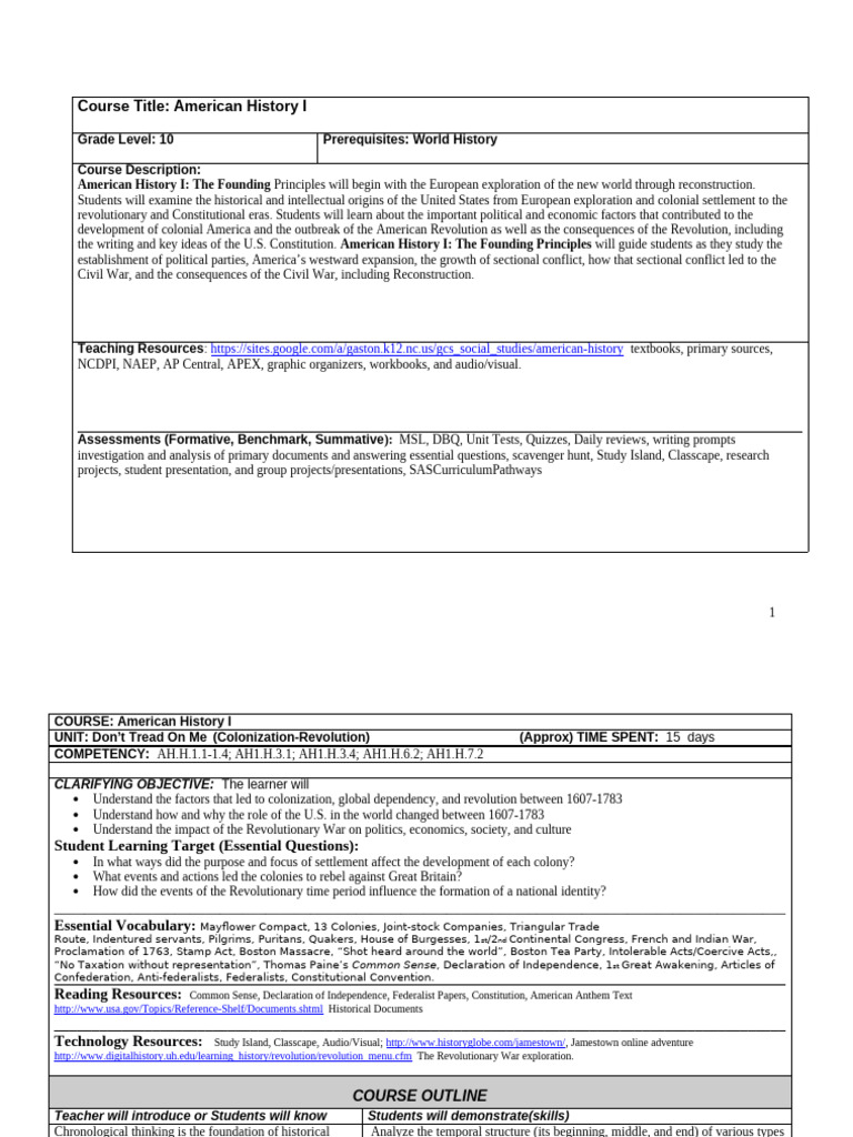 American History I Curriculum Overview | PDF | American Civil War ...