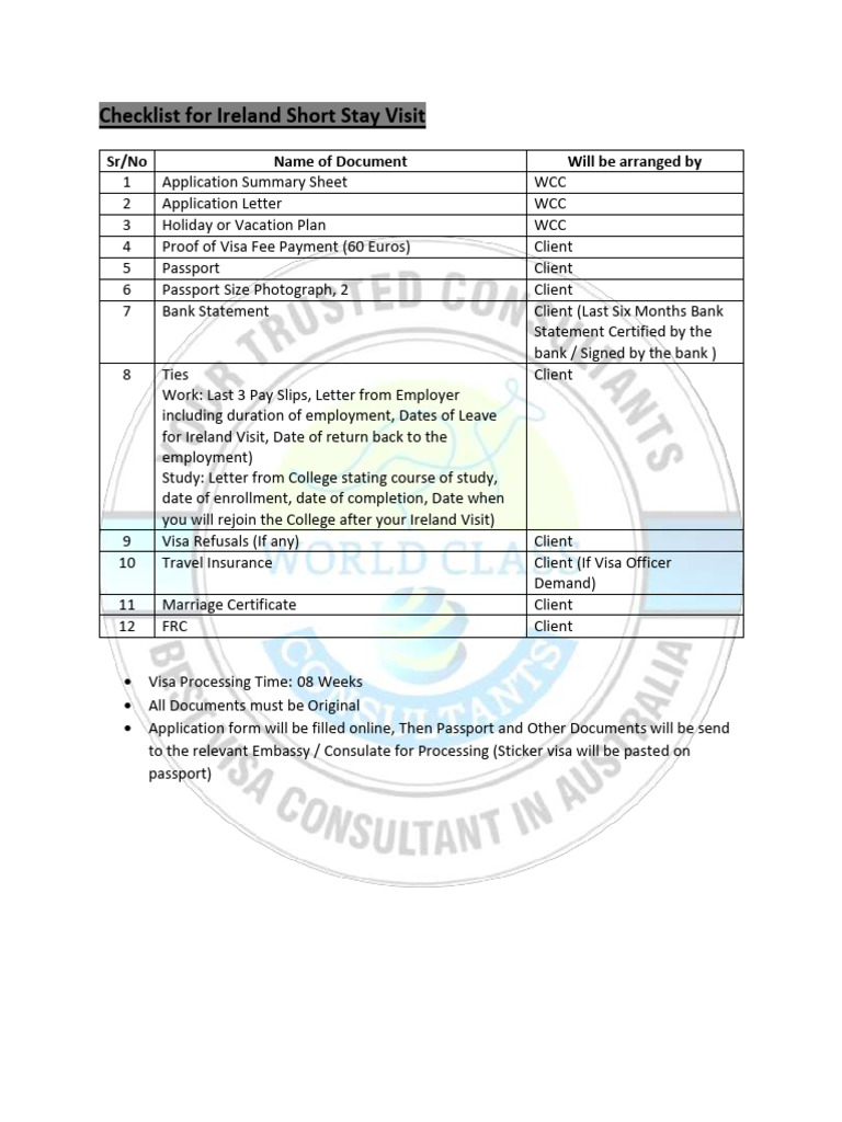 Ireland Short Term Visa Checklist | PDF