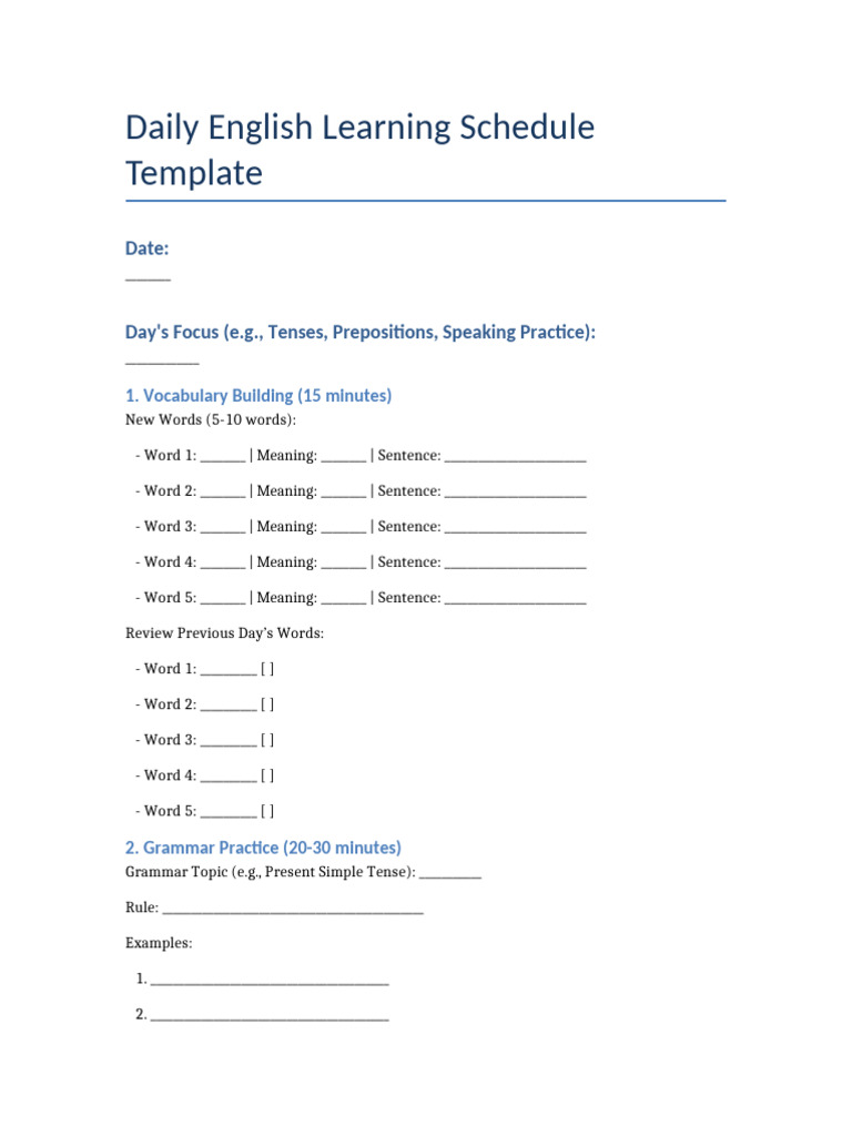 Daily English Learning Schedule Template | PDF