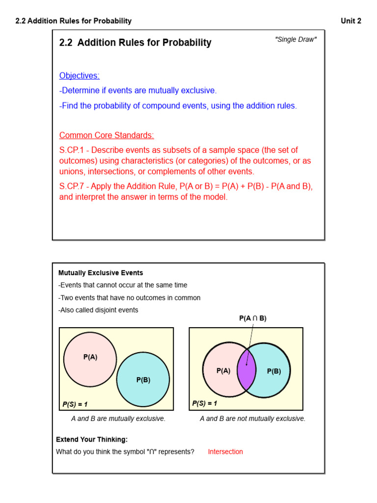 2.2 Addition Rules For Probability - Notes | PDF