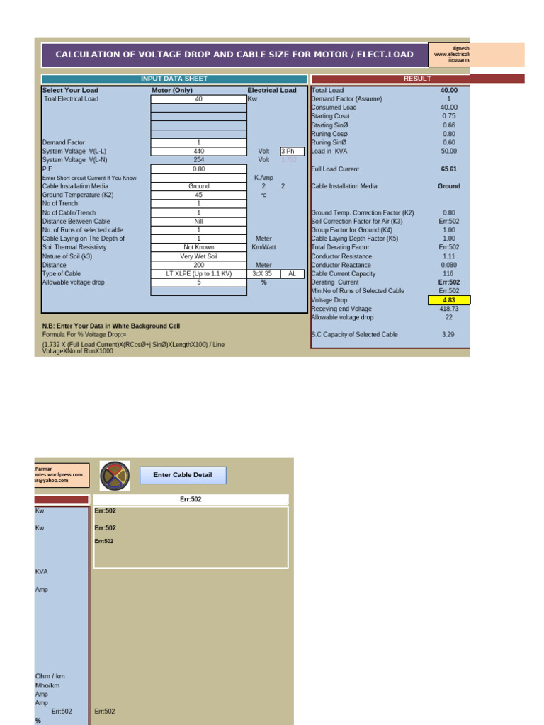 AC Cable Sizing Calculation Sheet For Single Cable | PDF
