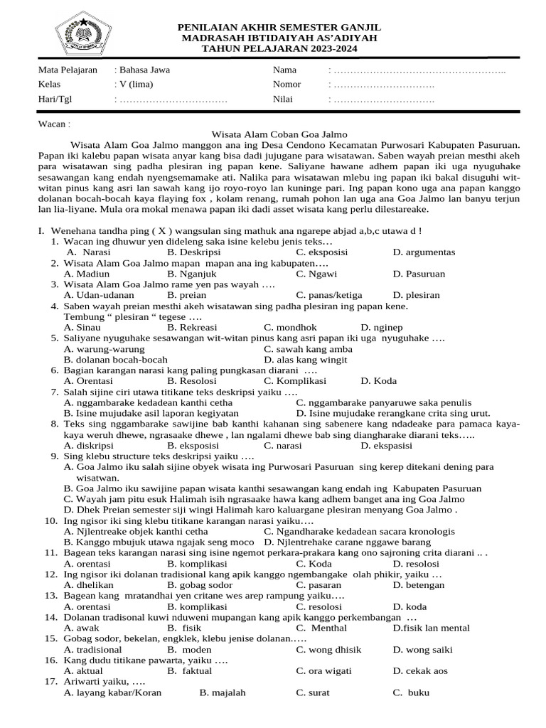 Bank Soal Ganjil 23 - Kls 5 - B. Jawa | PDF