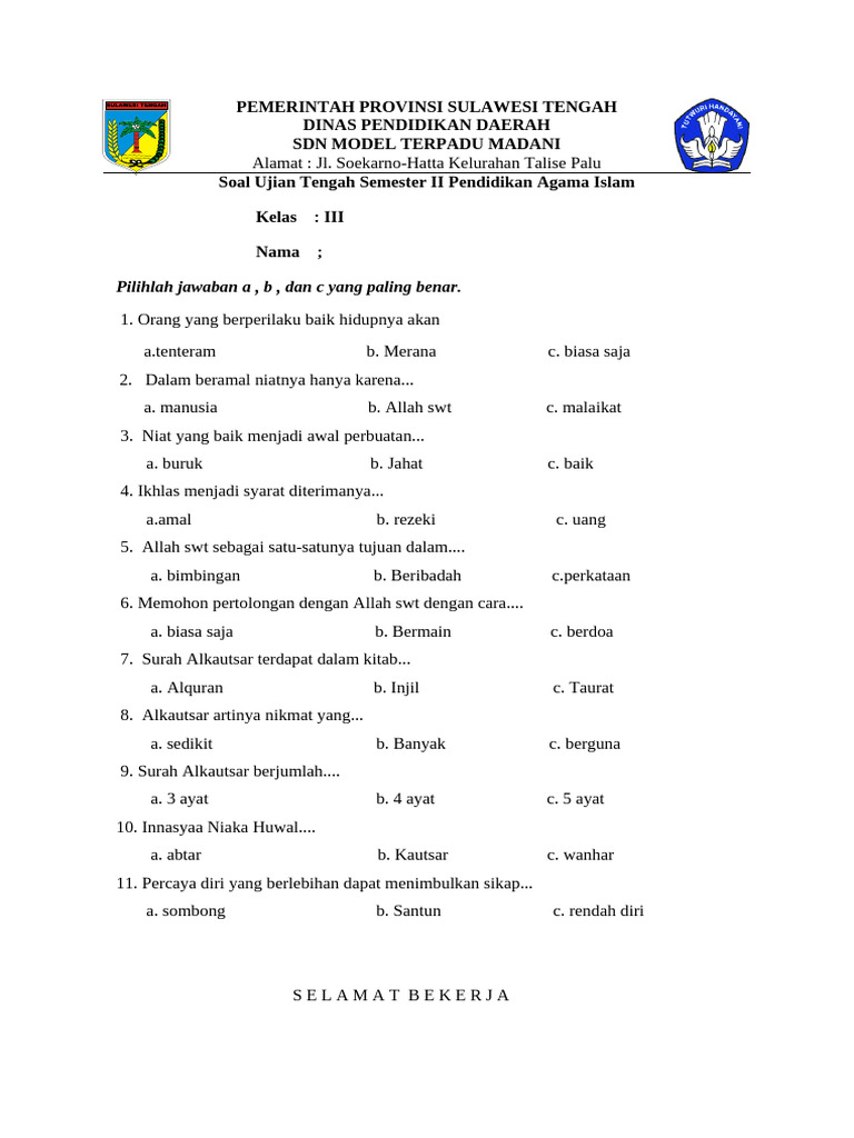 Soal Mid Semester 2 Kls III | PDF