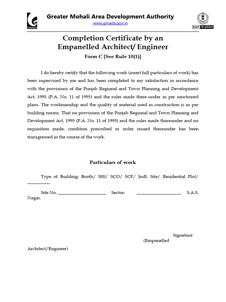 Completion Certificate by An Empanelled Architect or Engineer | PDF